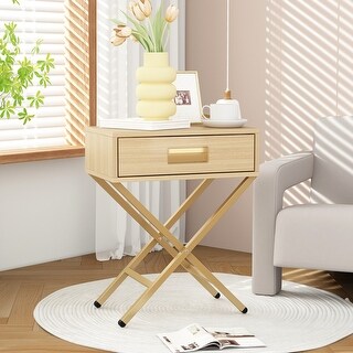Contemporary Yellow Wood Side Table with Drawer and Wooden X-Legs - Bed ...