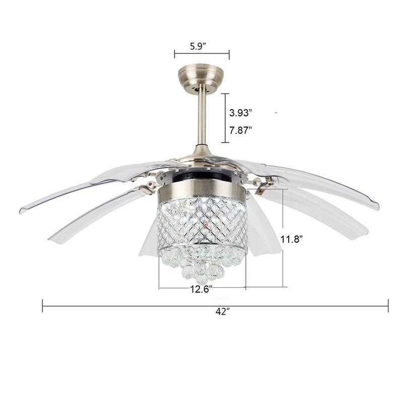 42" LED Ceiling Fan Light Crystal Chandelier Retractable Hanging Lamp ...