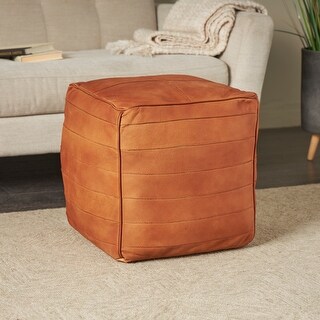 Brown Leather Pouf with Linear Panels - Bed Bath & Beyond - 39620901