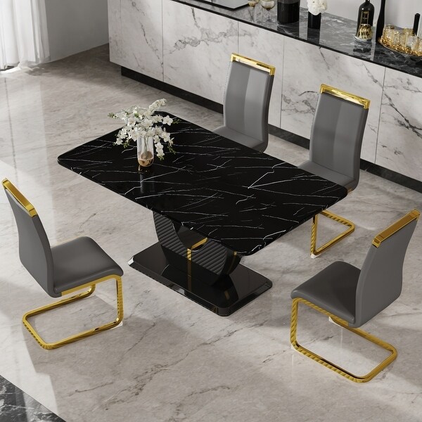 Black Marble Dining Table Set with 4 Dark Gray PU Chairs Gold Legs for Dining Room Bed Bath Beyond 42385529