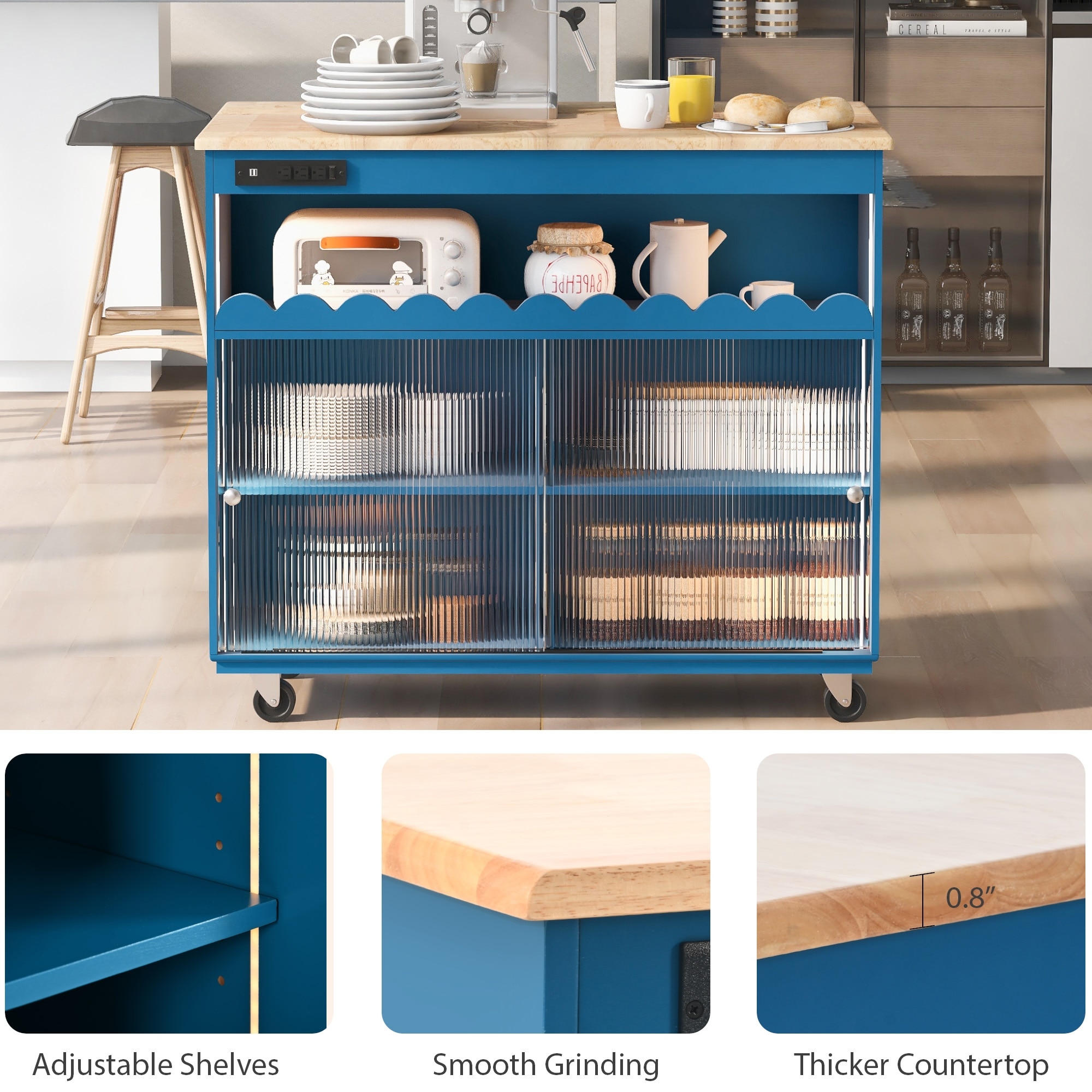 44 in. Rubber Wood Drop-Leaf Countertop Kitchen Island on 5 Wheels with ...