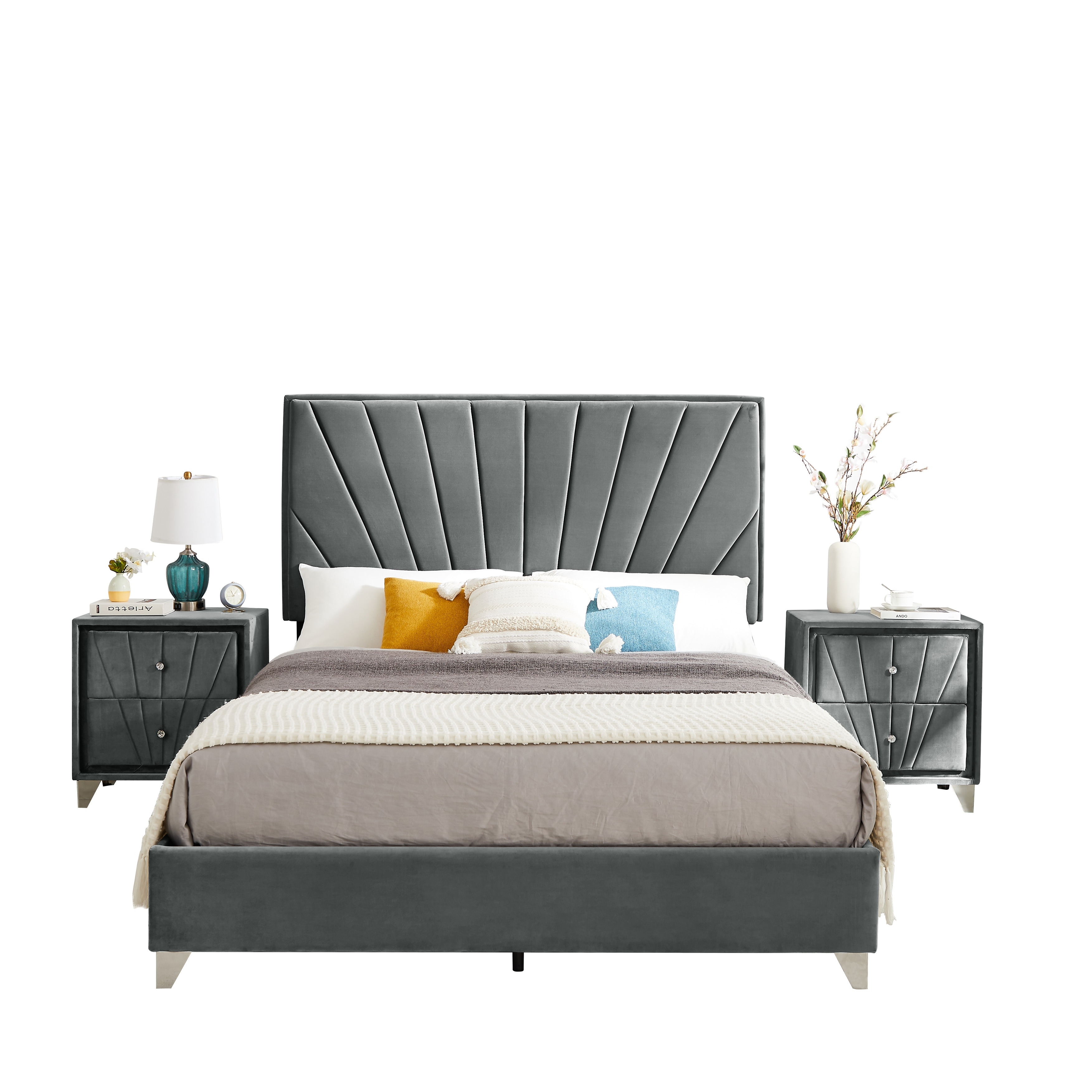 3-Pieces Bedroom Sets Full Platform Bed Frame with 2 Nightstands and ...