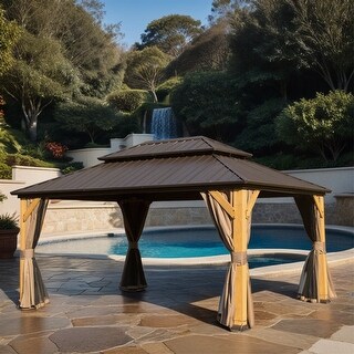 10x14Ft Wood Hardtop Gazebo w/ Galvanized Steel Roof, Netting&Curtains ...