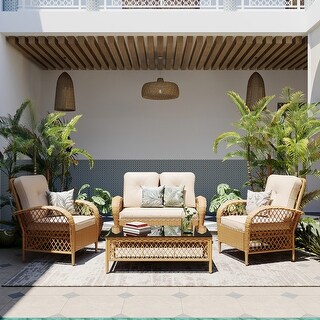 4 Pieces Beige Wicker Patio Conversation Chair Set with Cushions and ...