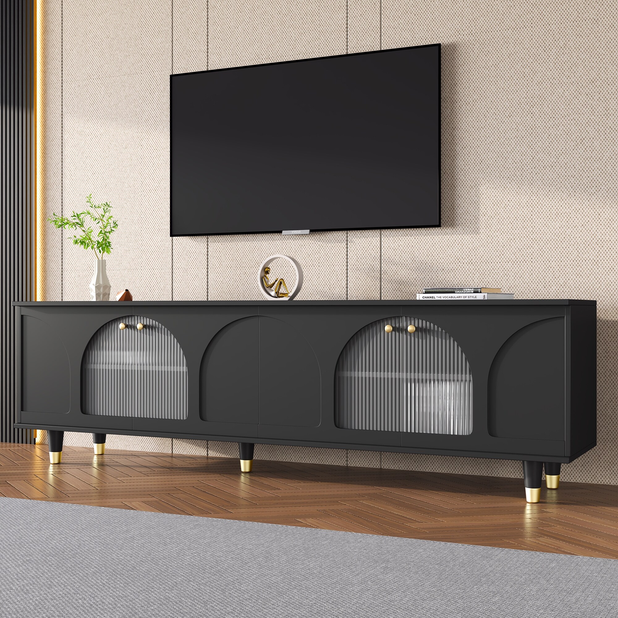 Black Corner Cabinet Media Console Storage Cabinet Display Units Contemporary TV Stand with Arch Fluted Glass Doors Bed Bath Beyond 41252668