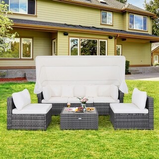 Gymax 6 PCS PE Rattan Patio Furniture Set w/ Tempered Glass Table and ...