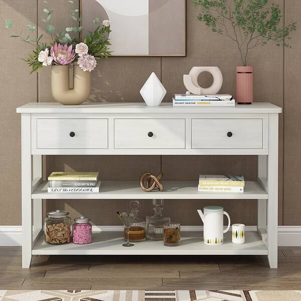 Vintage Style Console Table with 3 Drawers and 2 Open Shelves - Bed ...