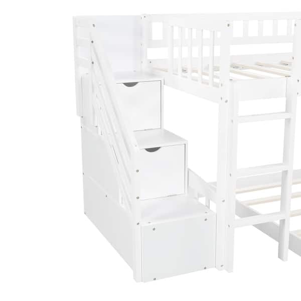 White Twin Over Twin Perpendicular Bunk Bed with Storage Stairs and ...
