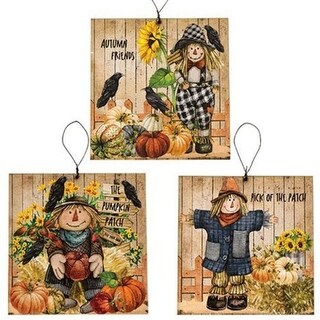 3 Assorted Scarecrow Square Ornament with Autumn Pumpkin and Flower ...