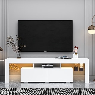 Modern White TV Stand, 20 Colors LED TV Stand w/Remote Control Lights ...