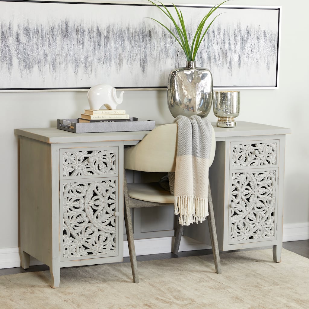 White or Grey Wood Intricate Hand Carved Floral Desk - Overstock - 35489809