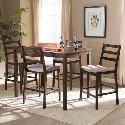 Nadine Walnut-Finished Light Grey Fabric Upholstered 5-Piece Pub Set ...