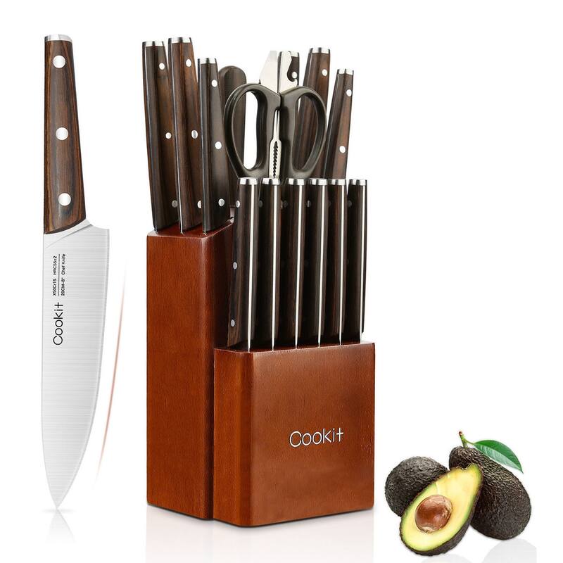 Cookit 15-Piece Wooden Handle Kitchen Chef Knives Set with Wooden Block ...