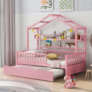 Pink Wooden Kids Twin Size House Bed Frame with Trundle Bed and Shelf ...