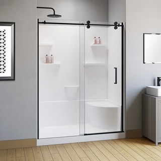 Carlyn 60" x 32" Black Matte Alcove Shower Kit with Sliding Door, Seat ...
