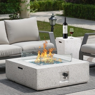35 Inch Rectangle Terrazzo Fire Pit Table with Glass Wind Guard and ...