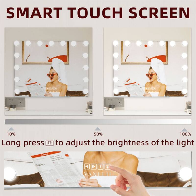 VANITII Large Hollywood Vanity Makeup Mirror with 15 LED Bulbs 3 Color Lights Bluetooth Tabletop ...