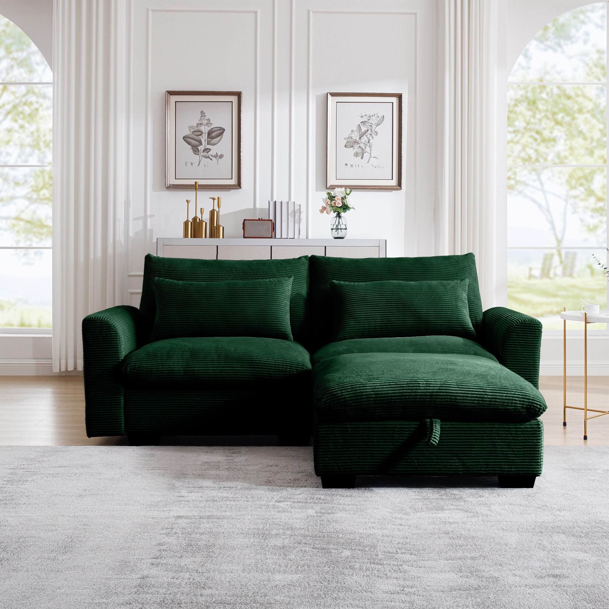 Green Corduroy Modular Sleeper Sofa Bed with Storage Ottoman Pillows 2 Seat 1 Ottoman