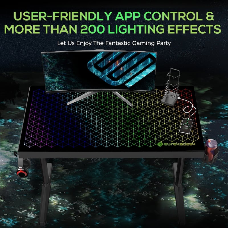 Professional Ergonomic Tempered Glass Top Gaming Desk with LED Lighting ...