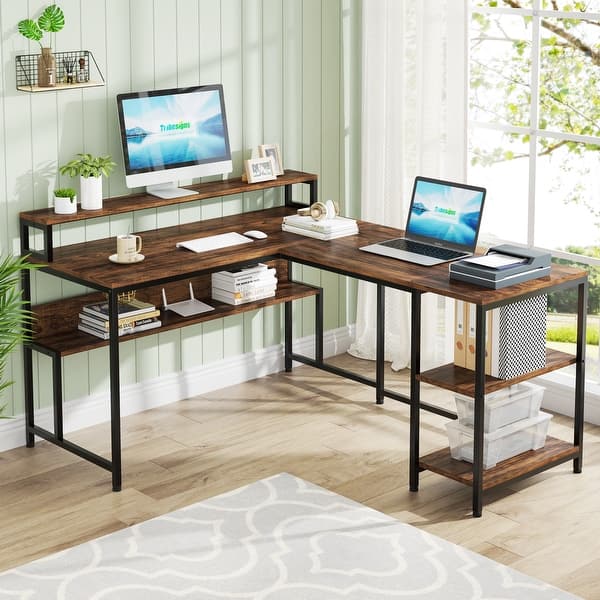 59" Reversible L Shaped Desk with Monitor Stand and Storage Shelf - Bed ...