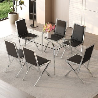 Roomfitters 51" Tempered Glass Dining Table Set, PU Chairs, Silver ...