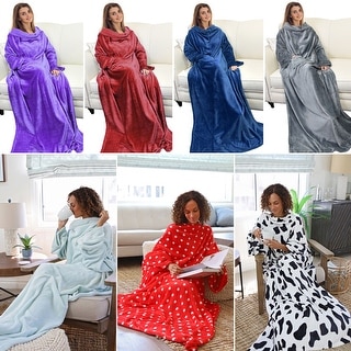 Fleece Blanket with Sleeves and Front Pocket Wearable Blanket - Bed ...