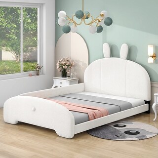 Full Size Teddy Fleece Platform Bed w/ Cartoon Ears Shaped Headboard ...