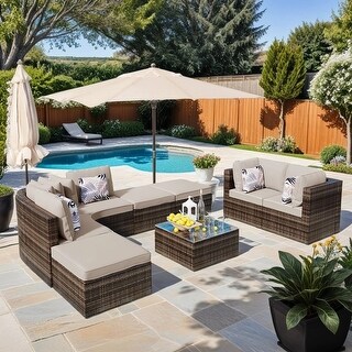 Set of 8 Wicker Conversation Sofa Set with Console Table and Pillows ...