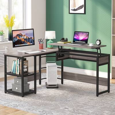 L-Shaped Computer Desk with Lift Top, 59 inch Height Adjustable Office ...