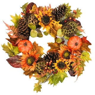 Platon Fall Artificial Pumpkin Sunflower Cone Wreath 24" - Bed Bath ...