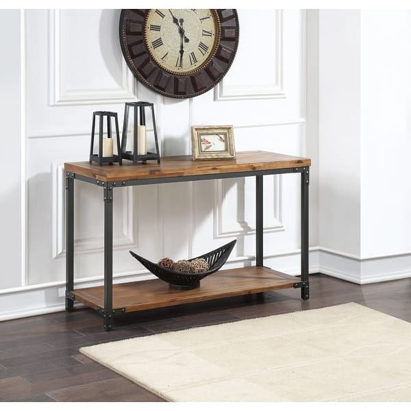 Industrial Style Wooden Sofa Table with 4 Legs, 2 Tiers, Living Room ...