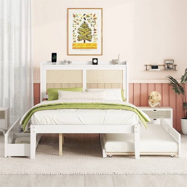 Merax Elegant Bed Frame with Rattan Headboard and Sockets - On Sale ...