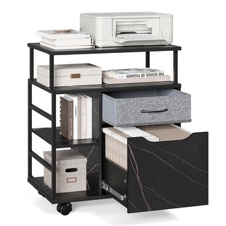 Black Marbled Mobile Printer Stand With Open Shelves And Sliding Filing ...