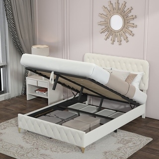 Velvet Upholstered Platform Bed Full Size, Lift-Up Bed With Hydraulic ...