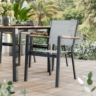 Mackay Outdoor Textilene Stackable Dining Chairs with Teak Armrests ...