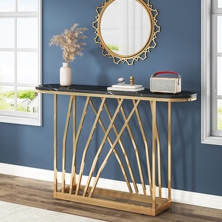 Modern Wood Narrow Console Table Gold Metal Legs Black Faux Marble - 54 ...