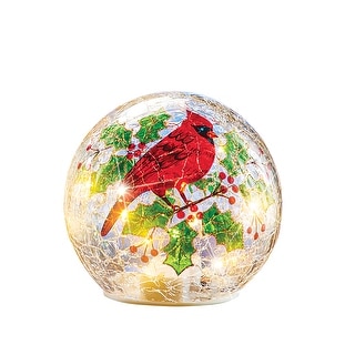 LED Lighted Holly and Cardinal Crackled Glass Ball - Small - Bed Bath ...