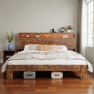 King Size Platform Bed Frame with LED Headboard, Charging Ports, Wood ...
