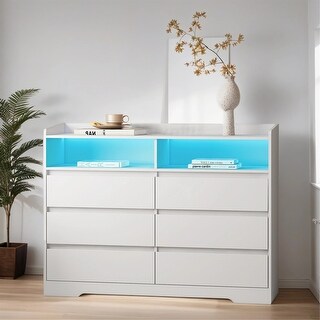 6 Drawer White Dresser with LED Lights, Modern Dressers & Chests - Bed ...