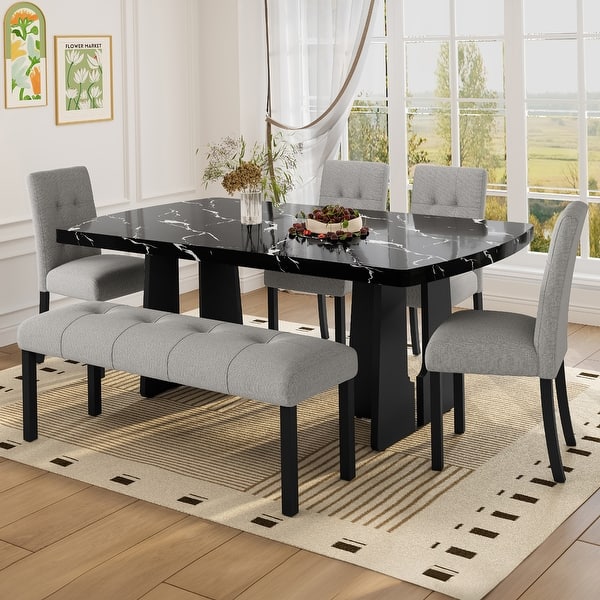 63" Faux Marble Top Dining Table Set with Bench and 4 Chairs (6-Piece ...