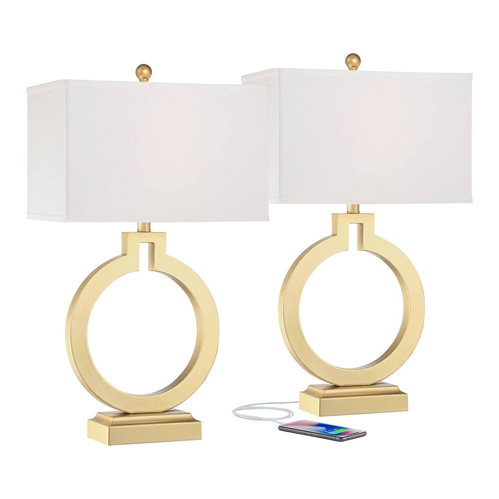 Set of 2 Modern Table Lamps with USB Port Gold Rectangular White - 16 ...