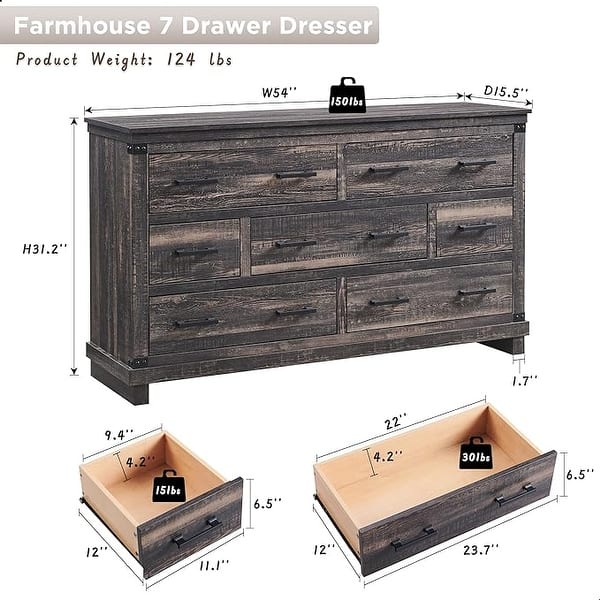 Farmhouse 7 Drawers Dresser, Wood Chest of Drawers, Closet Dresser ...
