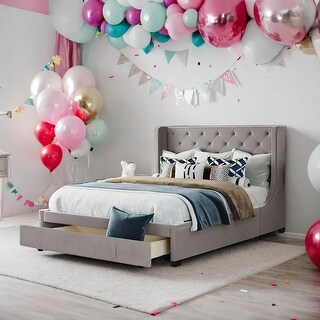 Solid & Sturdy Queen Size Upholstered Platform Bed with a Big Drawer ...