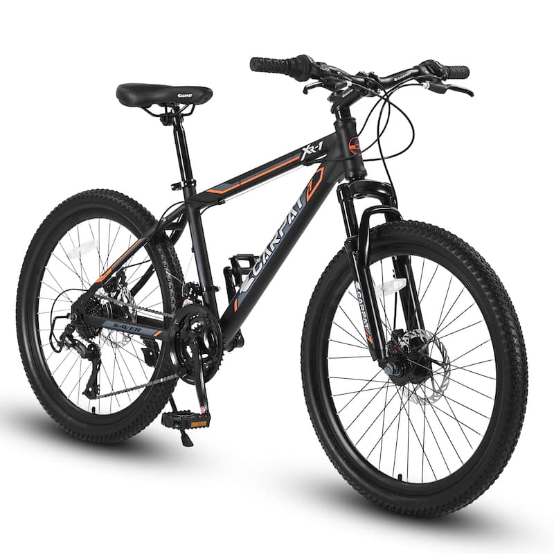 24 Inch Mountain Bike Boys Girls, Steel Frame, Shimano 21 Speed Mountain Bicycle with Daul Disc ...
