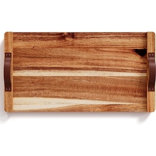 American Atelier Acacia Wood Rectangular Tray with Leather Handle - 18 ...