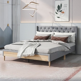 Queen Linen Upholstered Platform Bed with Rubber Wood Legs - Bed Bath ...