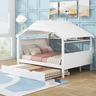 White Wood Full Size Platform House Bed Frame w/ Trundle & Shelves ...