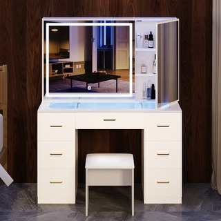 Boahaus Makeup Vanity Table, 13 Drawers, Lights, Glass Top, White - N/A ...