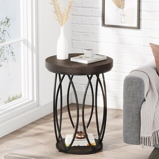 Industrial Round Side Table, Small End Table with Metal Frame - Bed ...