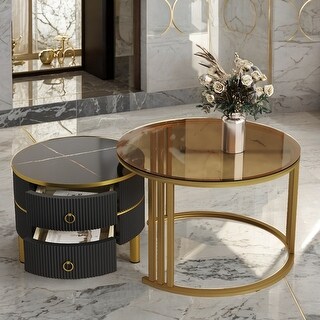 2 Pcs Stackable Round Nesting Tables with 2-Drawers, Black - Bed Bath ...